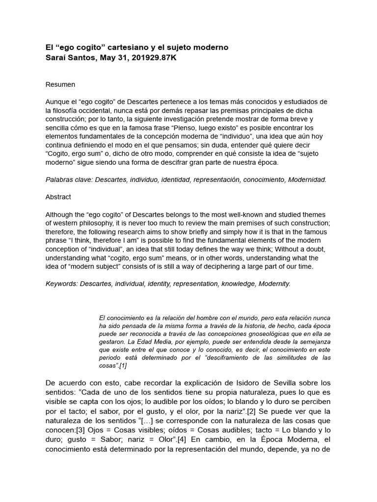 El “ego cogito” cartesiano y el sujeto moderno_Saraí Santos | PDF ...