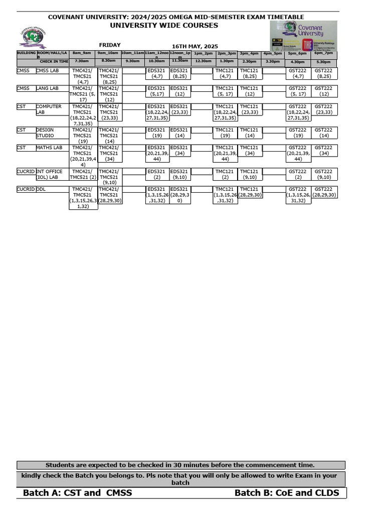 Timetable Omega 2025 Mid-Semester Exam | PDF