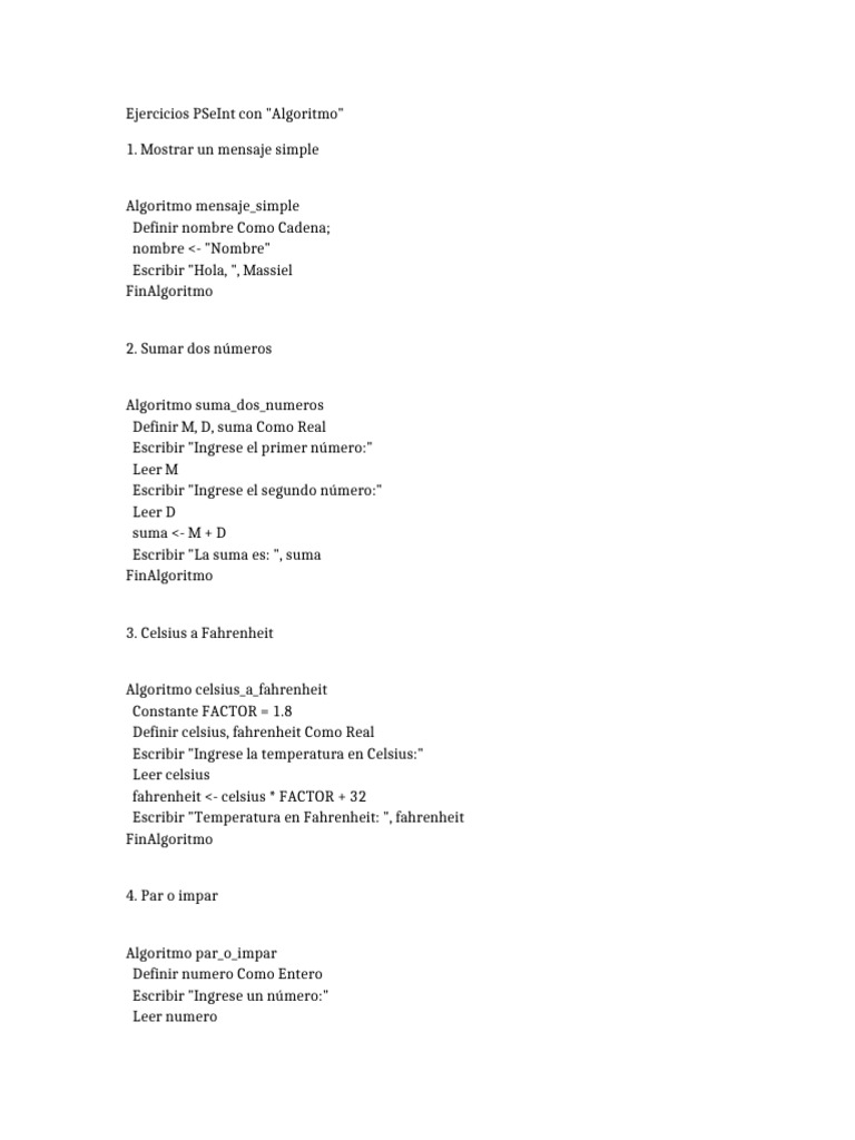 Ejercicios PSeInt Algoritmo.... QHW | PDF | Matemáticas | Algoritmos