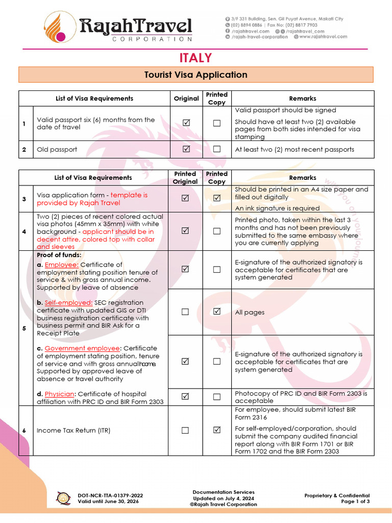 ITALY - Tourist Visa Requirements 070424 (4) | PDF | Travel Visa ...