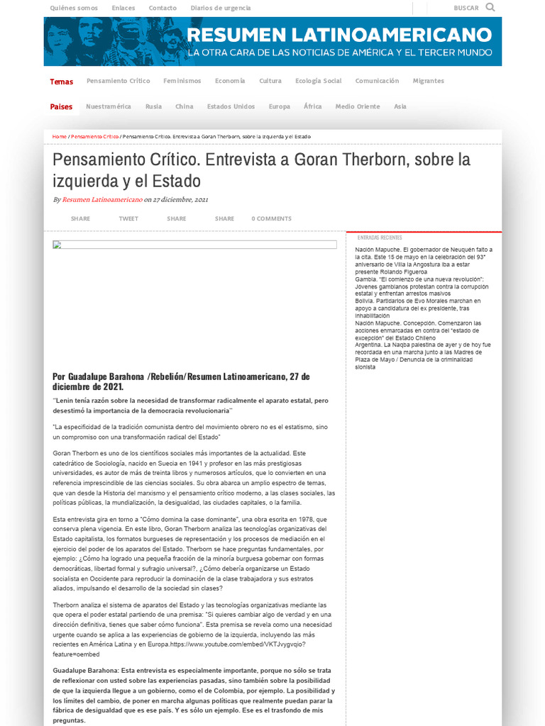 Pensamiento Crítico. Entrevista a Goran Therborn, sobre la izquierda y ...
