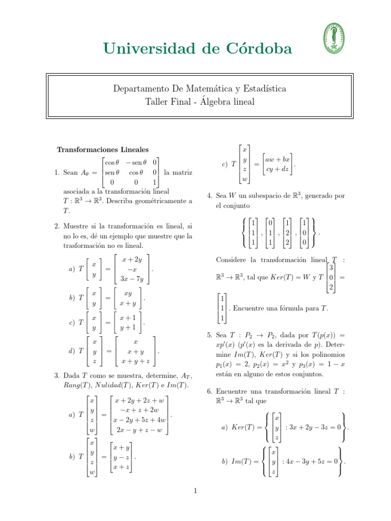 Ejercicios Transformaciones Lineales | PDF | Mapa lineal | Matemáticas Aplicadas
