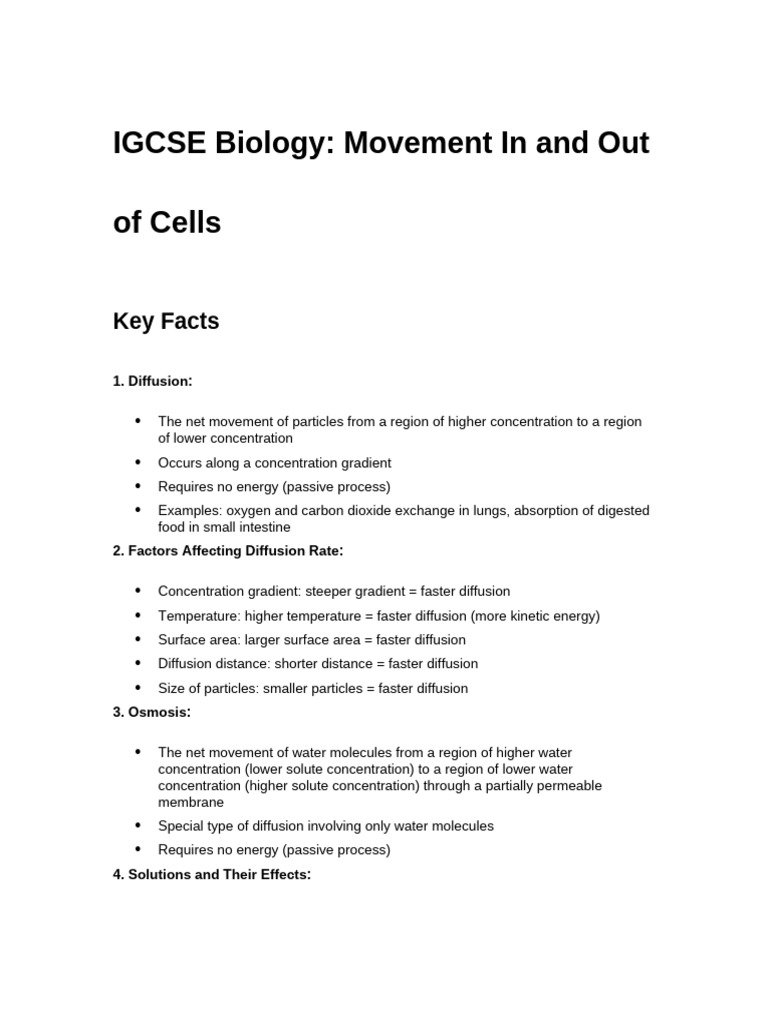 IGCSE Biology Topic 2 Movement in and Out of Cells Worksheet | PDF ...
