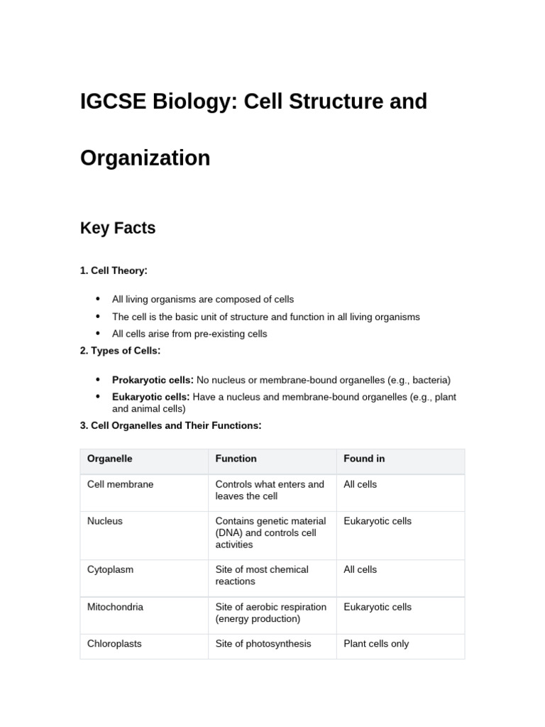 IGCSE Biology Topic 1 Cell Structure and Organization Worksheet | PDF | Cell (Biology) | Organelle