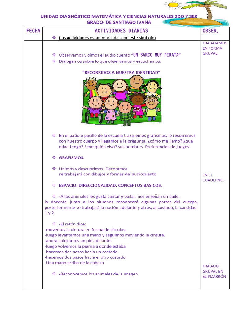 Fecha Actividades Diarias Obser.: Unidad Diagnóstico Matemática Y ...