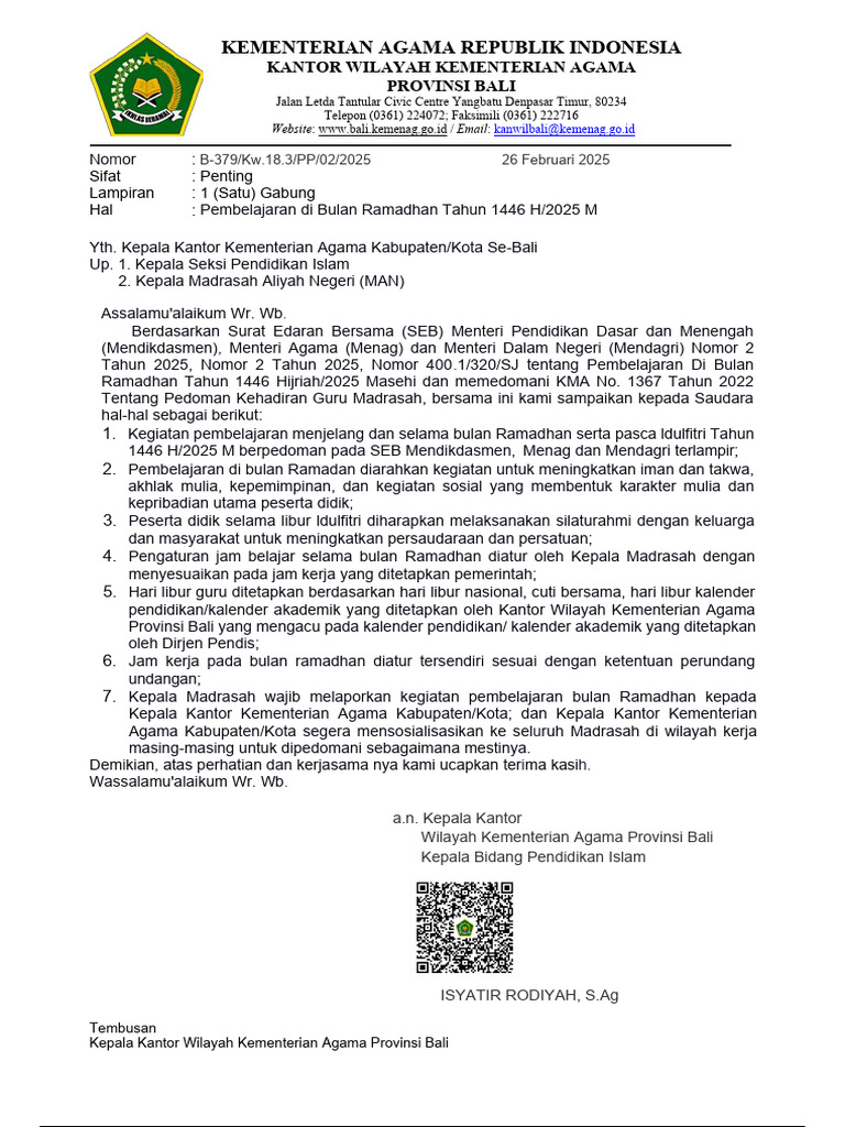 Edaran Pembelajaran Di Bulan Ramadhan Tahun 2025 M | PDF
