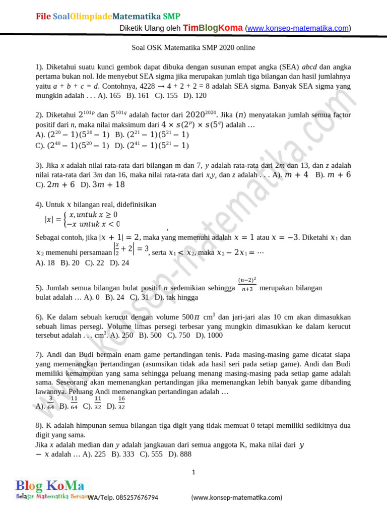 2020 (online) soal osk Matik SMP(www.konsep-matematika.com) | PDF