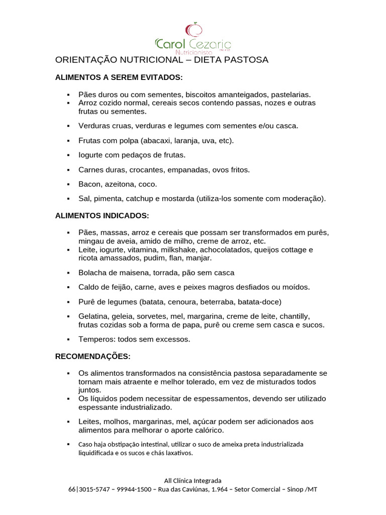 Orientações para Dieta Pastosa | PDF | Creme (gastronomia) | Caldo