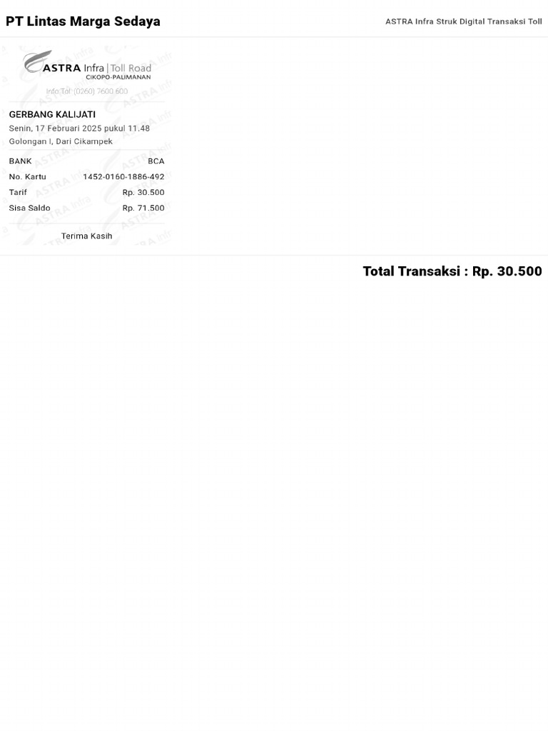 ASTRA Infra Struk Digital Transaksi Toll - 20252187542 | PDF