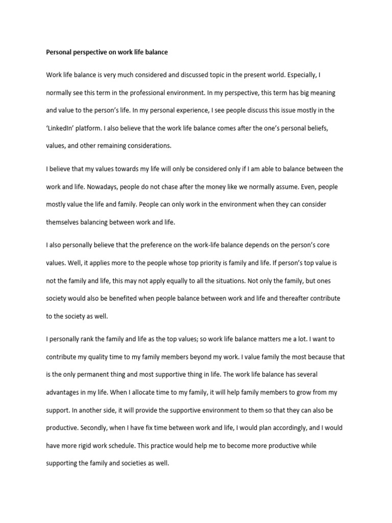 Reflective Writing On Your Personal Perspective On Worklife Balance ...