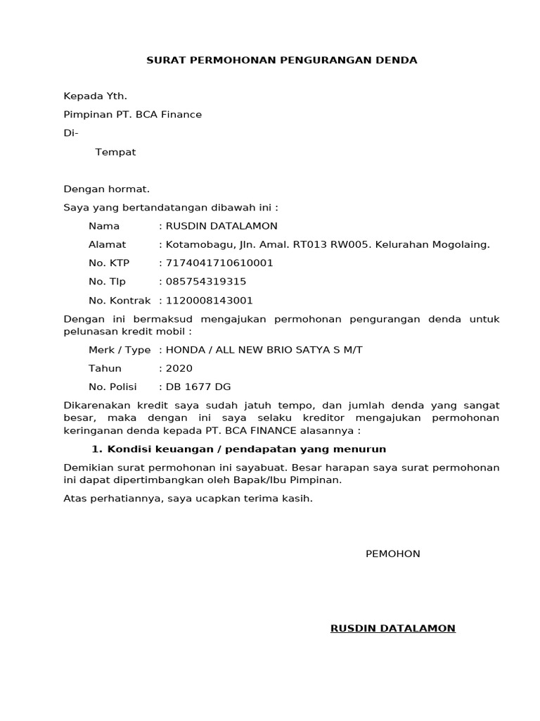 Permohonan Pengurangan Denda BCA Finance | PDF