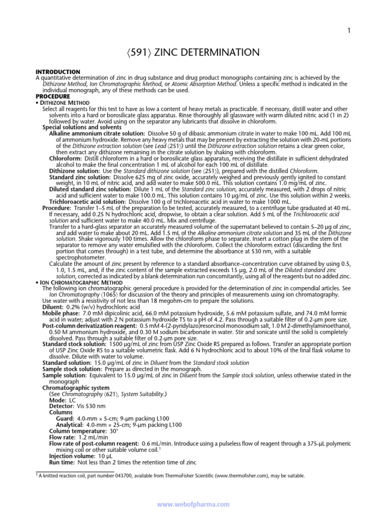 〈591〉 Zinc Determination | PDF | Chromatography | Acid