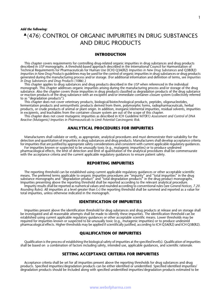 〈476〉 Control of Organic Impurities in Drug Substances and Drug ...