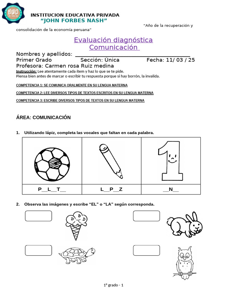 Evaluacion Diagnostica Primer Grado Todas Las Areas | PDF | Perú