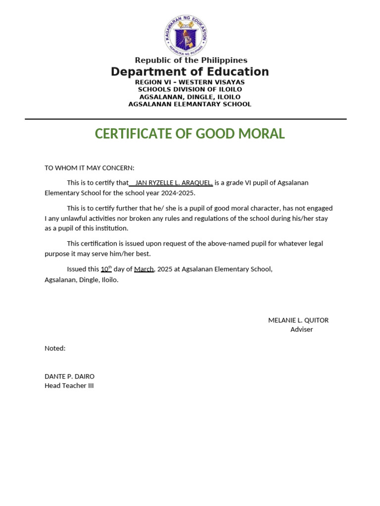 Certificate of Good Moral | PDF