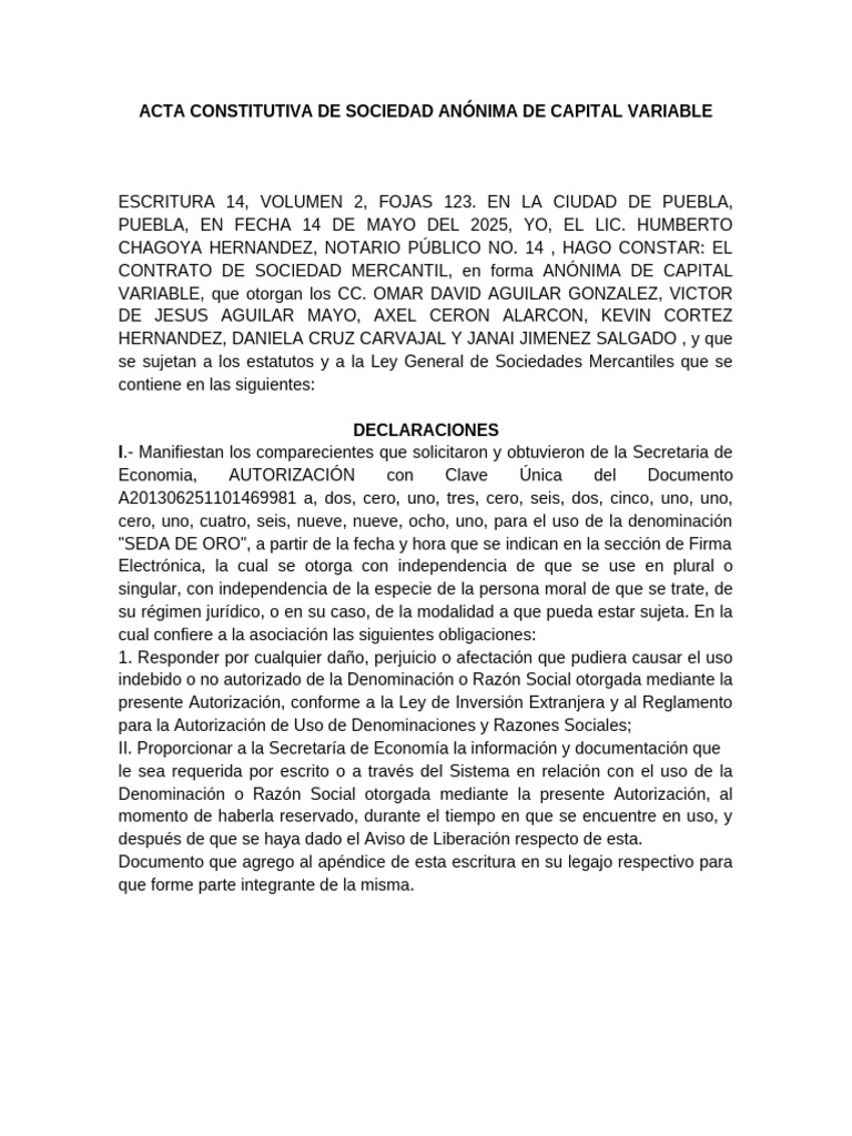 De M9 U2 S5 Acta Constitutiva de Sociedad Anonima de Capital Variable 2018 2 B2 | PDF | Sociedad ...