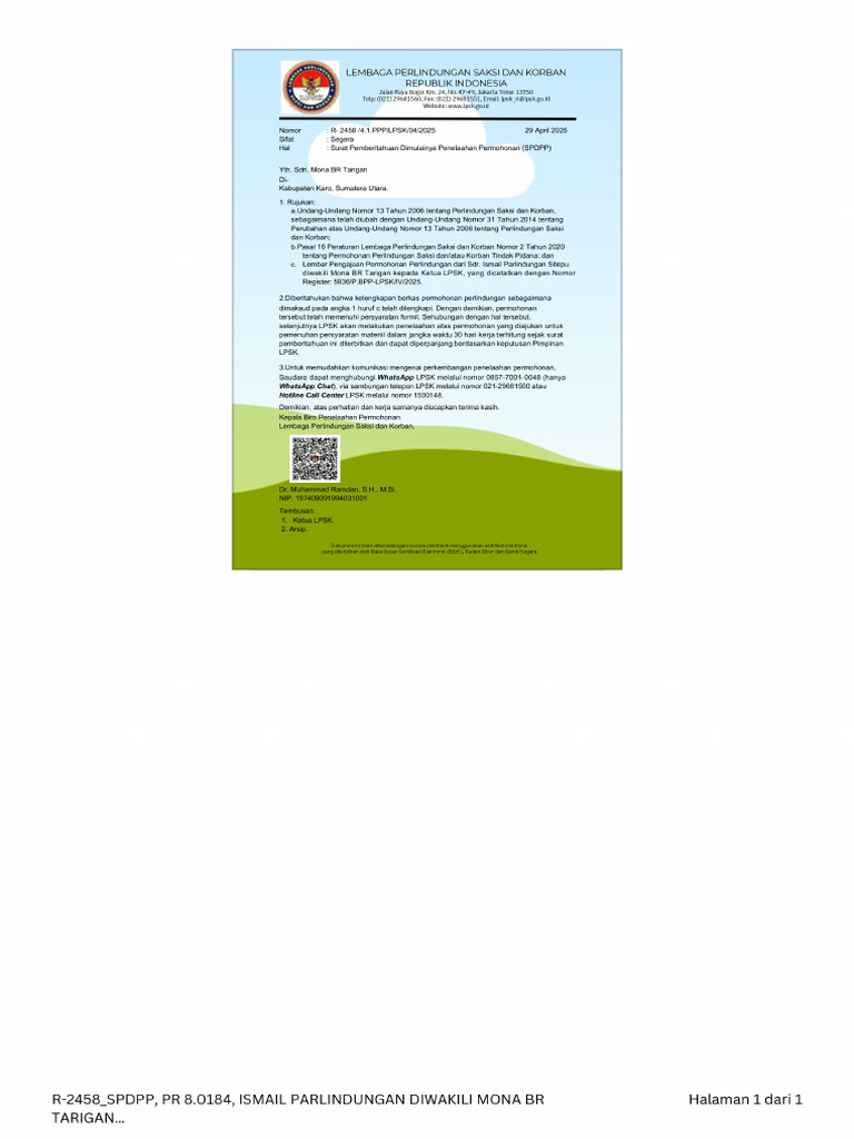 R-2458 - SPDPP, PR 8.0184, Ismail Parlindungan Diwakili Mona BR Tarigan ...