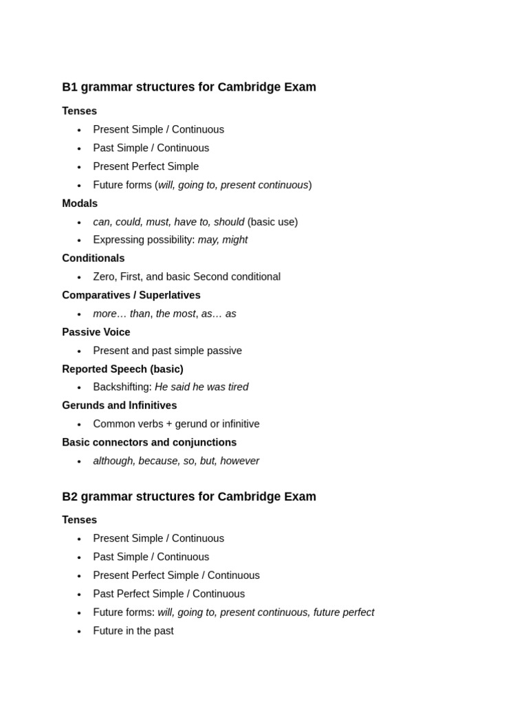 B1 Grammar Structures Overview | PDF | Perfect (Grammar) | Language ...