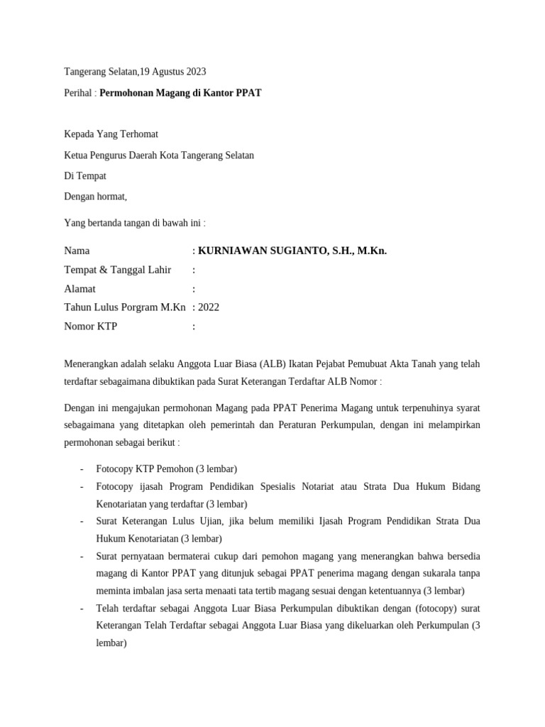 Surat Permohonan Magang - Ppat | PDF
