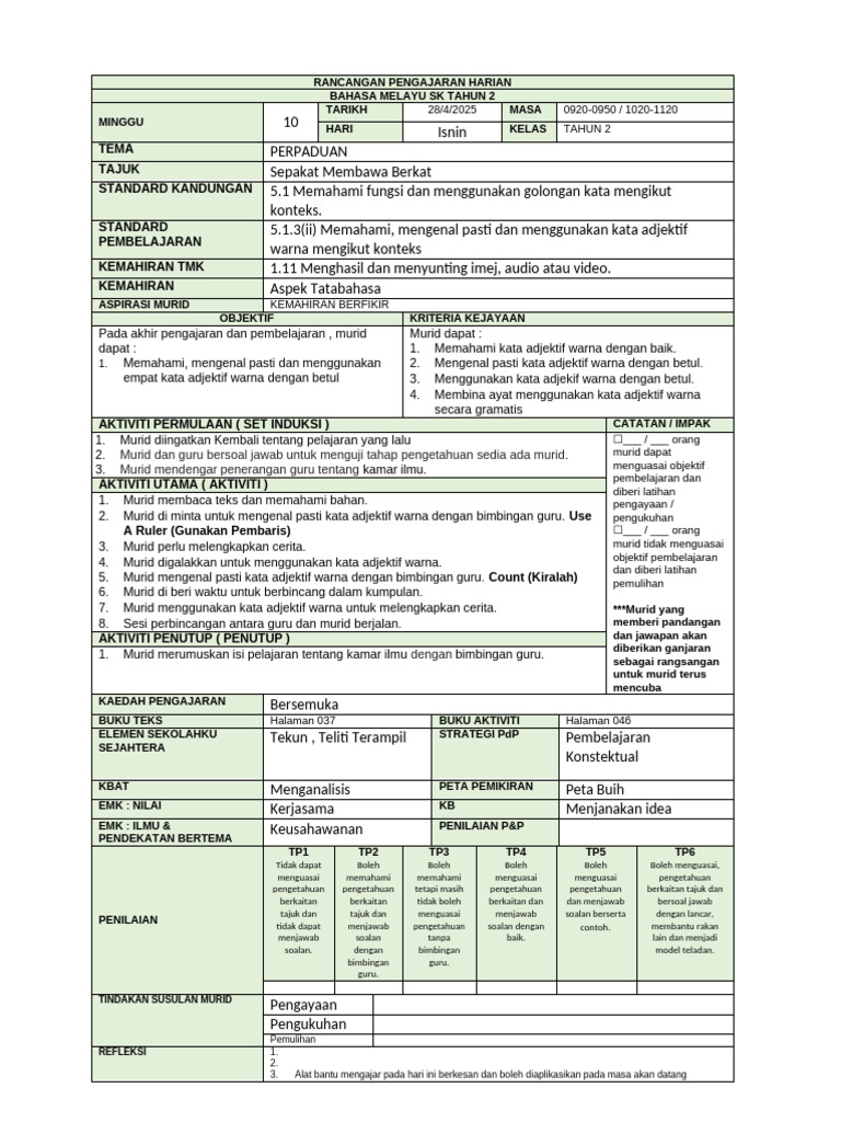 RPH Minggu 10 BM SK THN 2 2024 by Cikgu Gorgeous | PDF