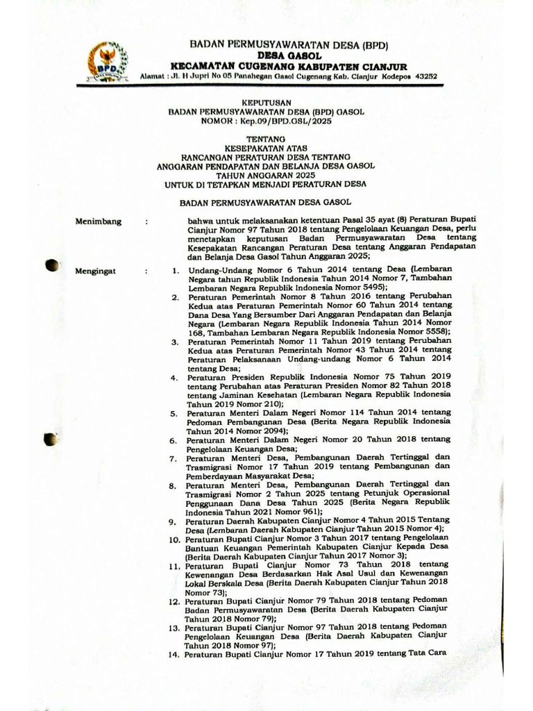 SK kesepakatan rancangan APBDes 2025 Gasol | PDF