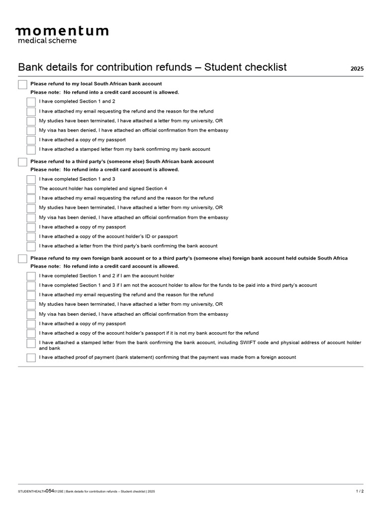 STUDENTHEALTH054E 0125 - Bank Details For Contribution Refunds - Student Checklist Fillable ...