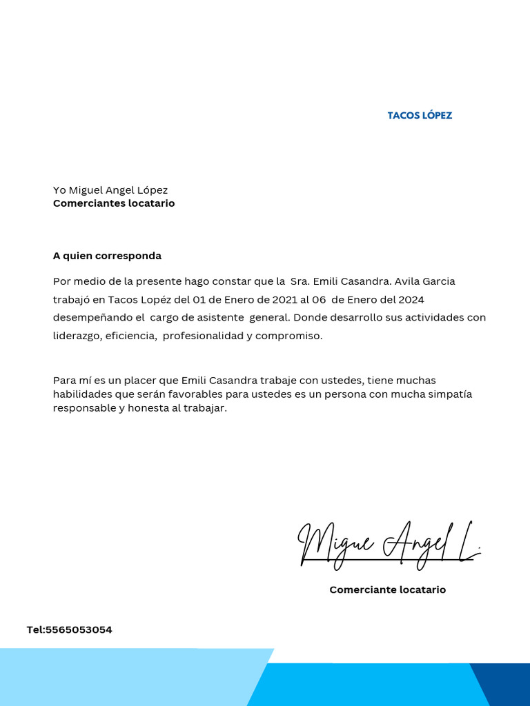 Documento A4 Carta de Certificación Laboral Corporativa Azul y Blanco ...