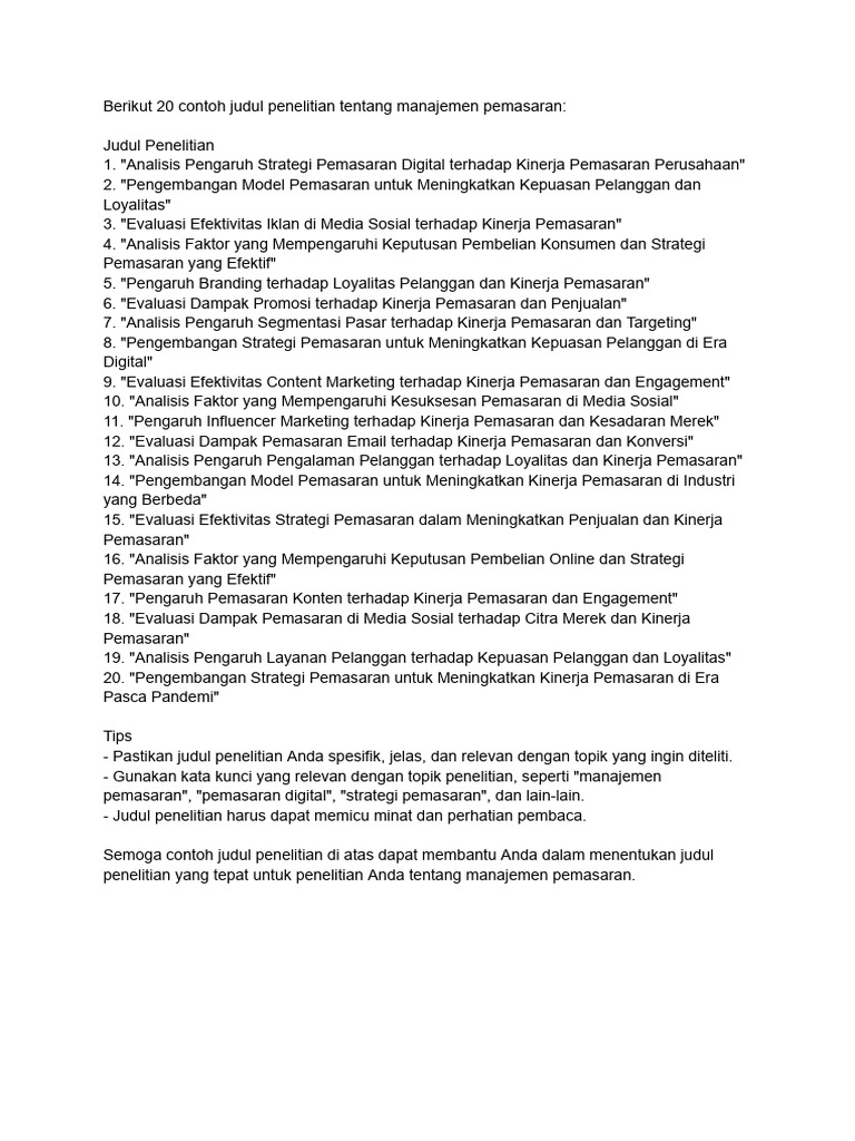 20 Contoh Judul Penelitian Pemasaran | PDF