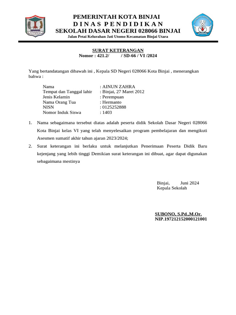 Surat Keterangan Lulus SD Binjai 2024 | PDF