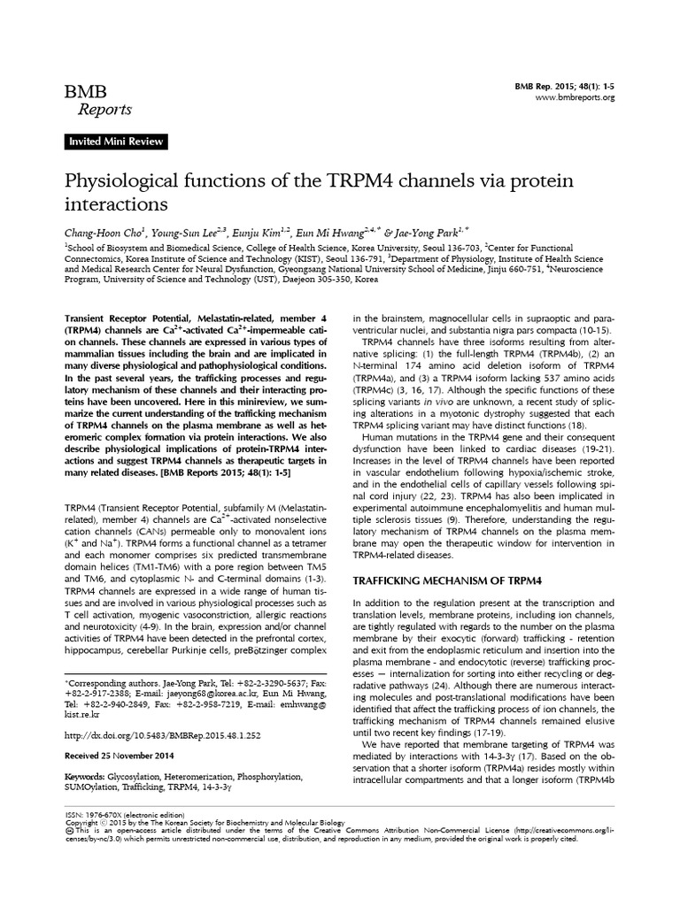 Physiological Functions of The TRPM4 Channels Via Protein Interactions ...