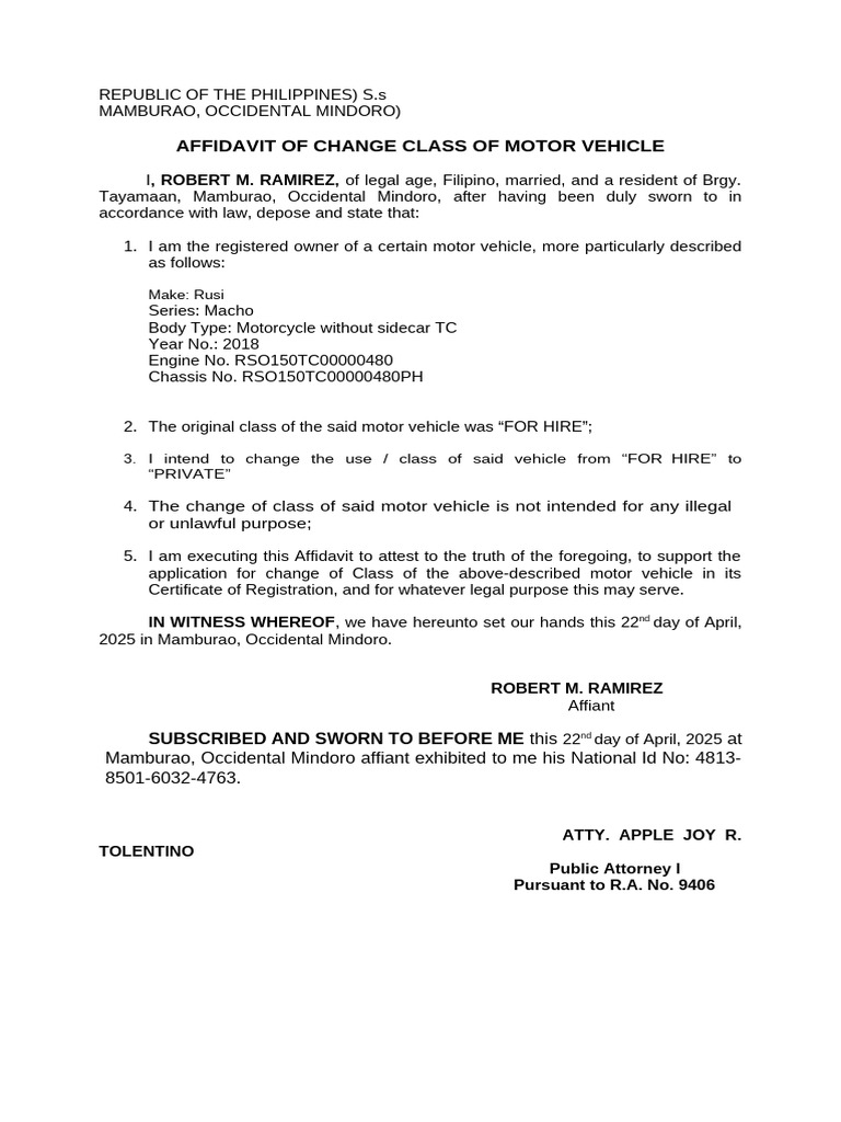 Affidavit of Change Class | PDF
