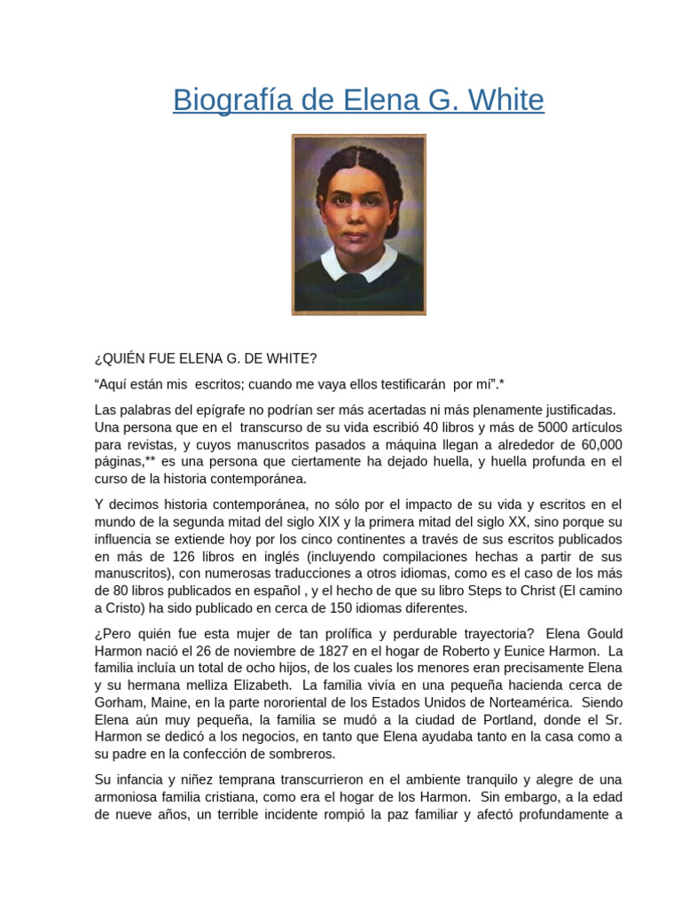 Biografía de Elena G | PDF | Iglesia Adventista del Séptimo Día | Fe