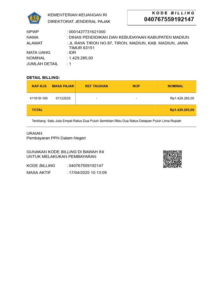 Contoh E-Billing PPN Madiun | PDF