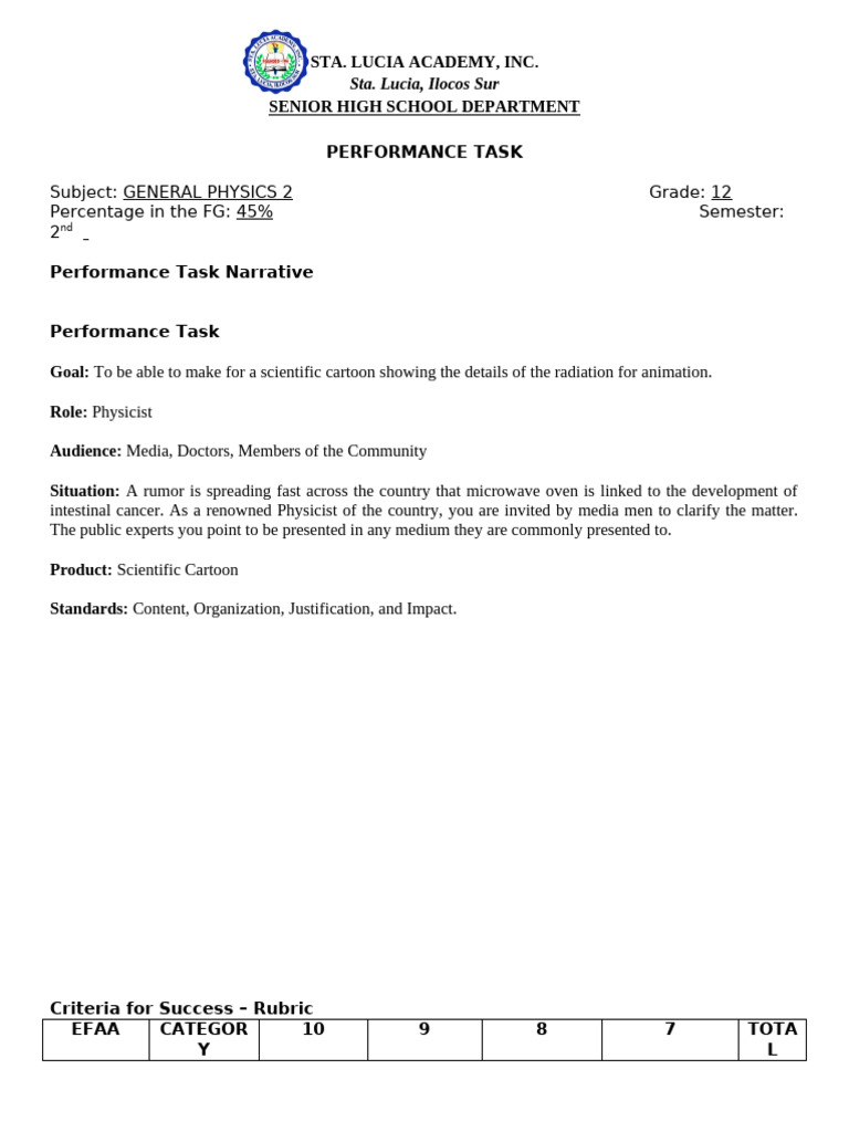 Performance Task Gen Physics 2 | PDF