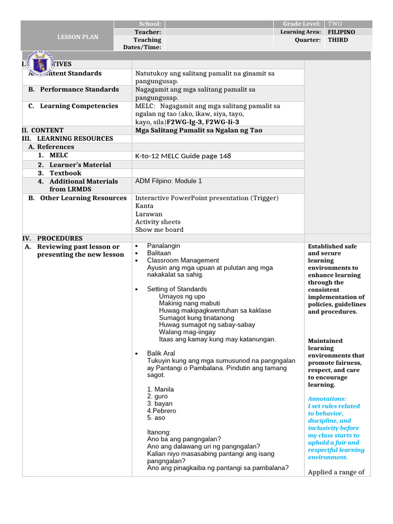 Fil2 - Q3 - Nagagamit Ang Mga Salitang Pamalit Sa Ngalan NG Tao | PDF