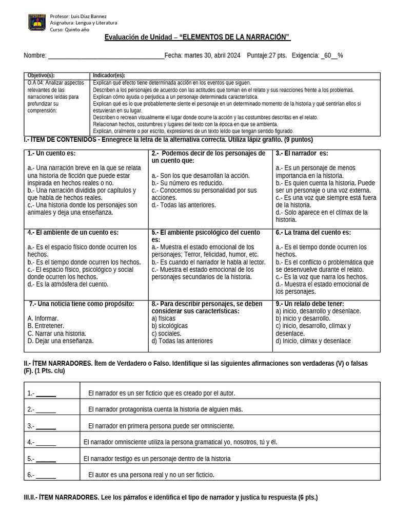 5° Eval - Leng. Elementos de La Narración 12.04.24 | PDF | Narración | Cuentos