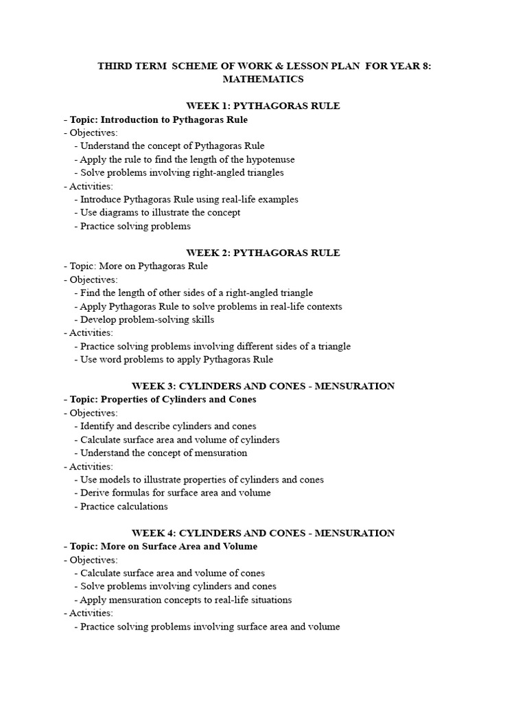 Third Term Scheme of Work For Year 8 & Lesson Plan - Year 8 | PDF ...