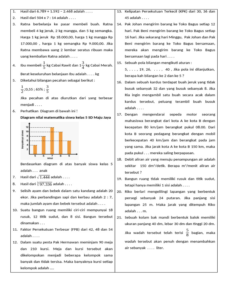 Latihan Kisi-Kisi Soal Try Out 2 Kelas 5 Mtk-1 | PDF