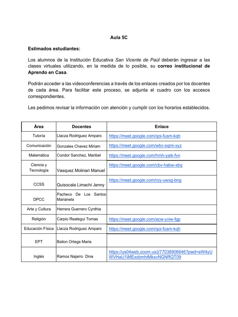 2025 Enlaces de Clases Virtuales | PDF