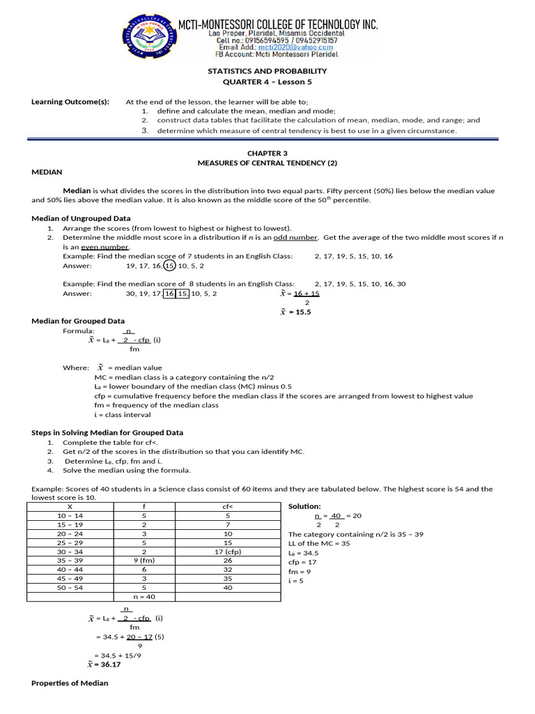 M5Q3 - Statistics & Probability | PDF | Median | Mean