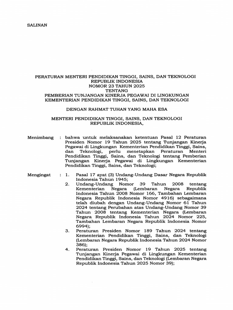 Permendiktisaintek Nomor 23 Tahun 2025 | PDF