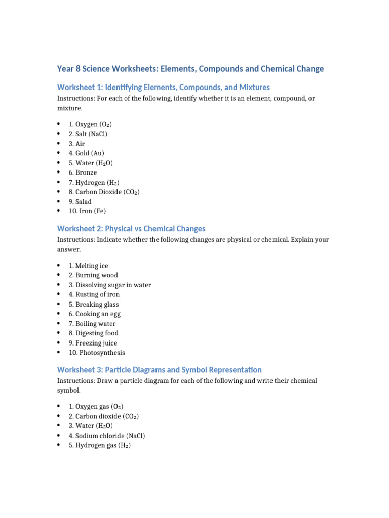 Y8 Chemistry Worksheet Elements Compounds Changes | PDF