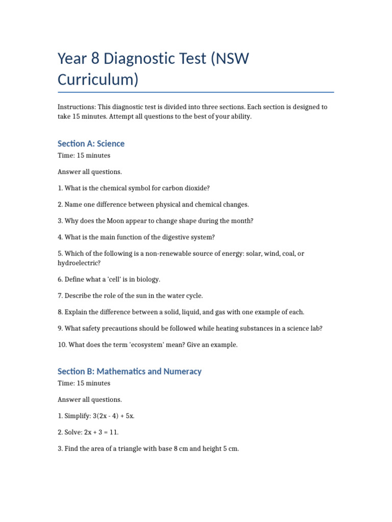Year 8 Diagnostic Test Revised | PDF | Area