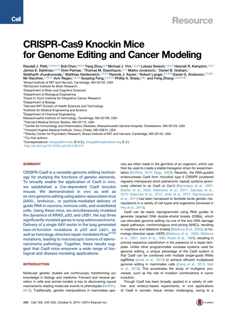 Yuan2_CRISPR-Cas9 Knockin Mice for Genome Editing and Cancer Modeling Paper | PDF | Tumor ...