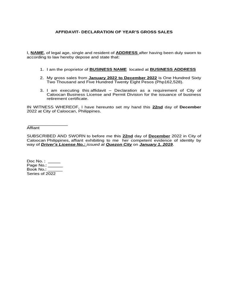 AFFIDAVIT- DECLARATION OF YEAR’S GROSS SALES | PDF