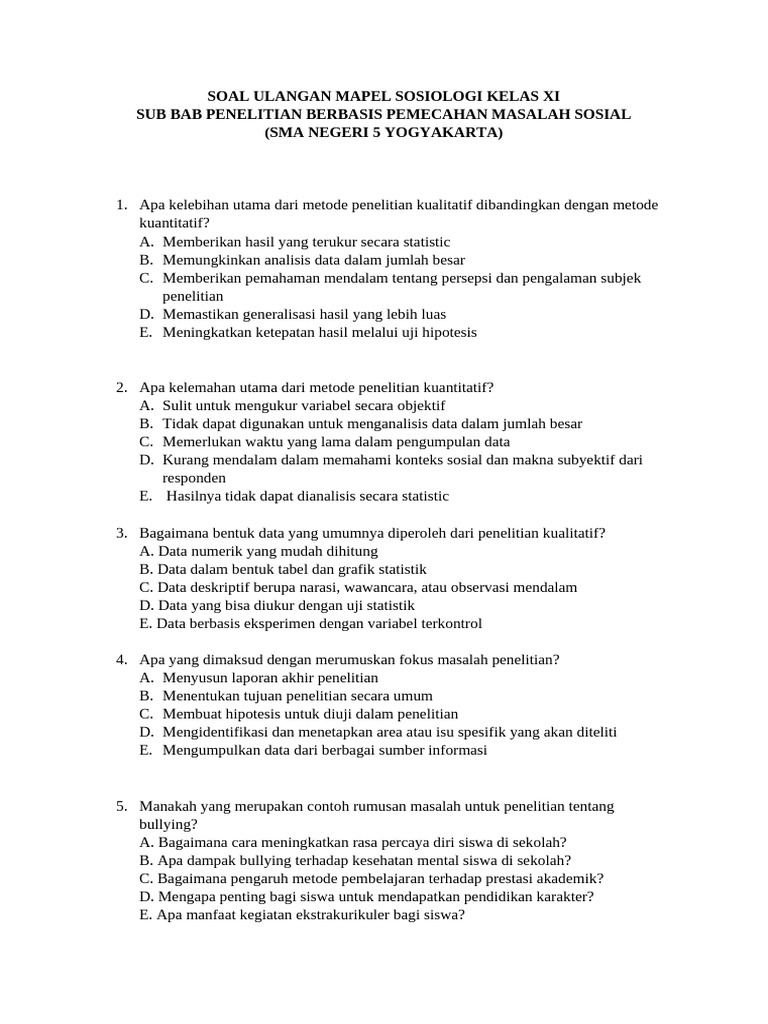 Soal Ulangan Mapel Sosiologi Kelas Xi | PDF