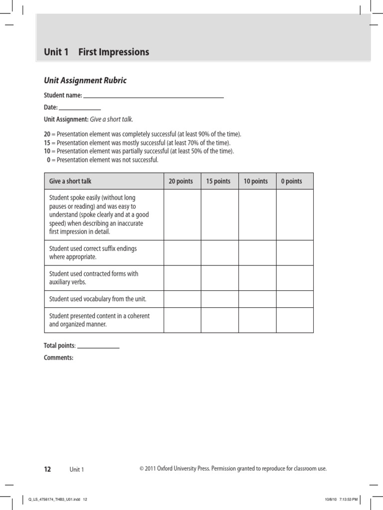 Q Skills For Success Listening and Speaking 3 - Unit Assignment Rubrics ...