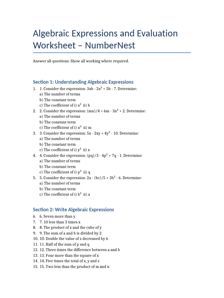 Algebraic Expressions Worksheet NumberNest | PDF