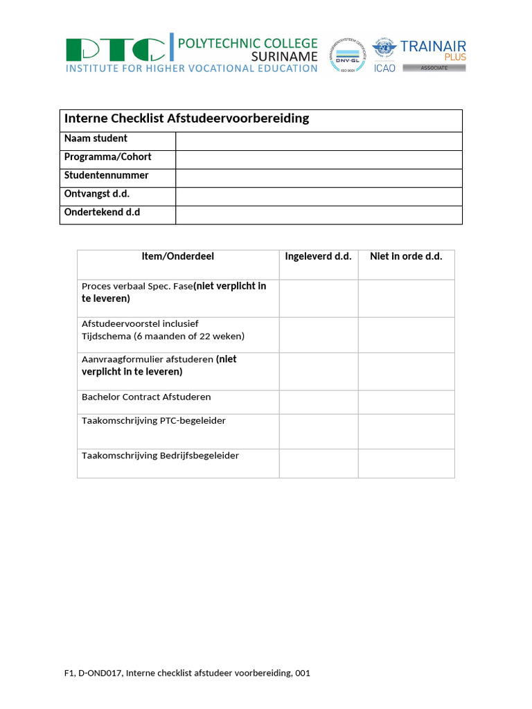 F2, D-OND017, Interne Checklist Afstudeer Voorbereiding | PDF