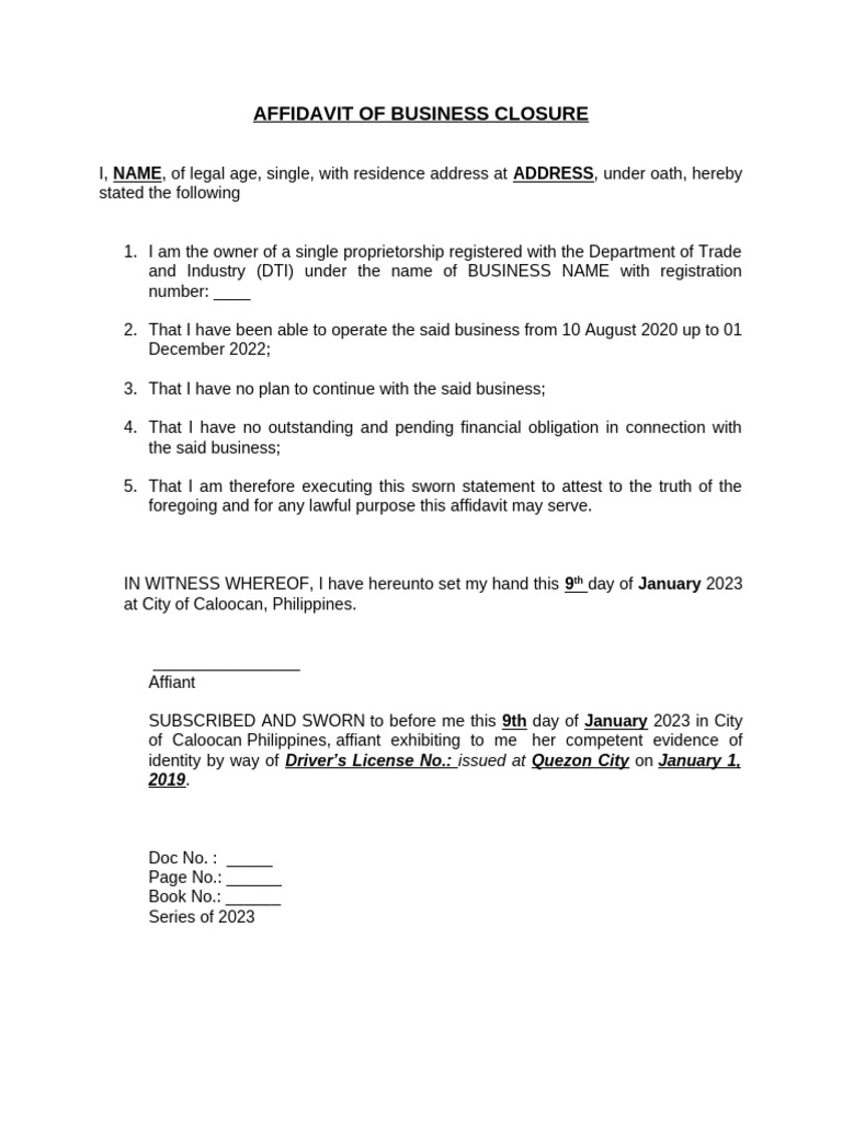 Affidavit of Business Closure | PDF